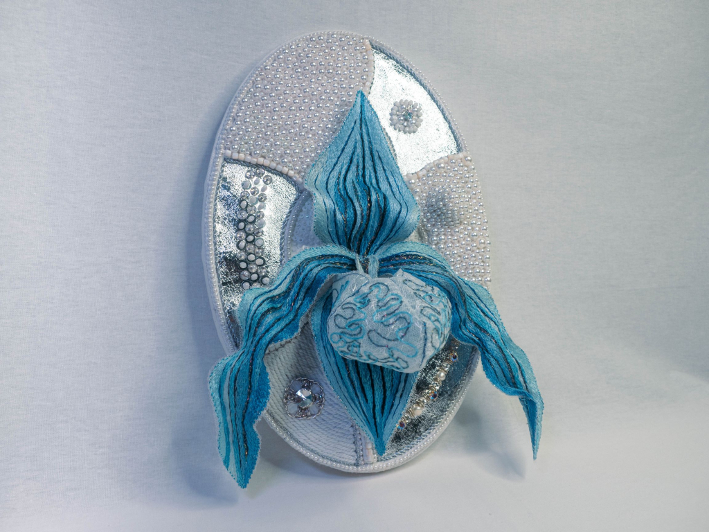 Hand-Embroidered Orchid Artwork: Lady Slipper Blue and White