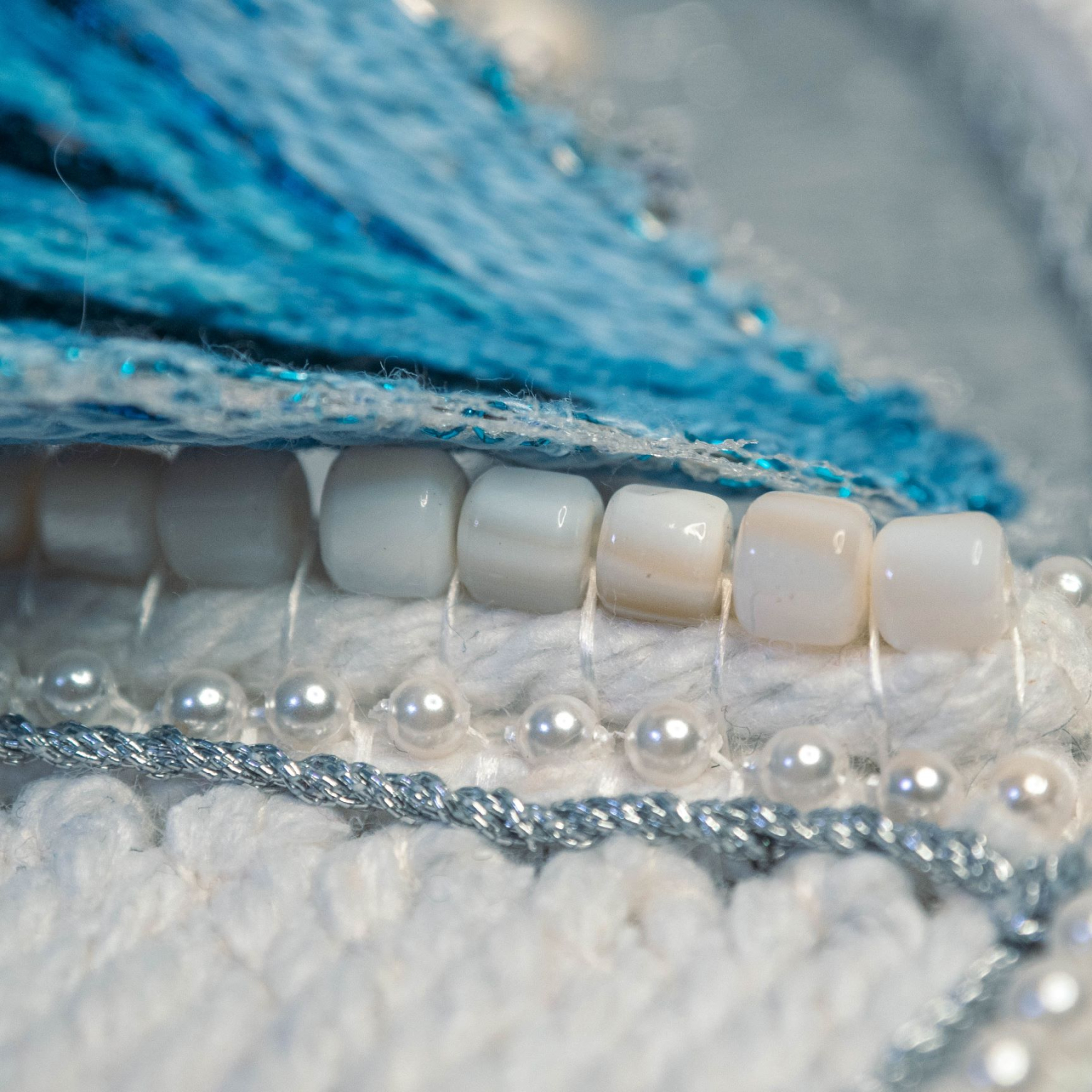 Hand-Embroidered Orchid Artwork: Lady Slipper Blue and White